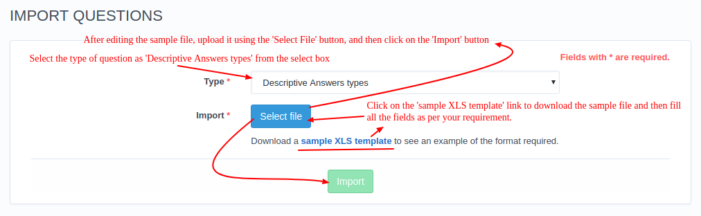 How to import a descriptive answers type question in the SmartOAS system?