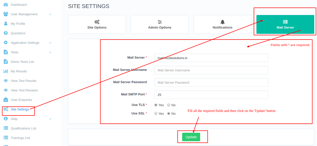How to update 'Mail Servers' settings in the SmartOAS system?
